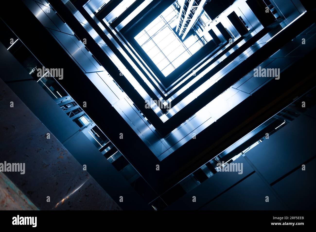 Modern urban architecture. Inside the office center. Upward view ...