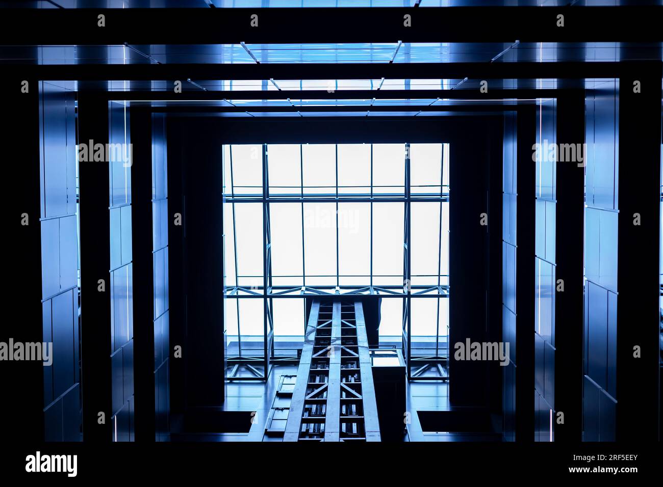 Open elevator shaft. Modern architecture. Office center or business ...