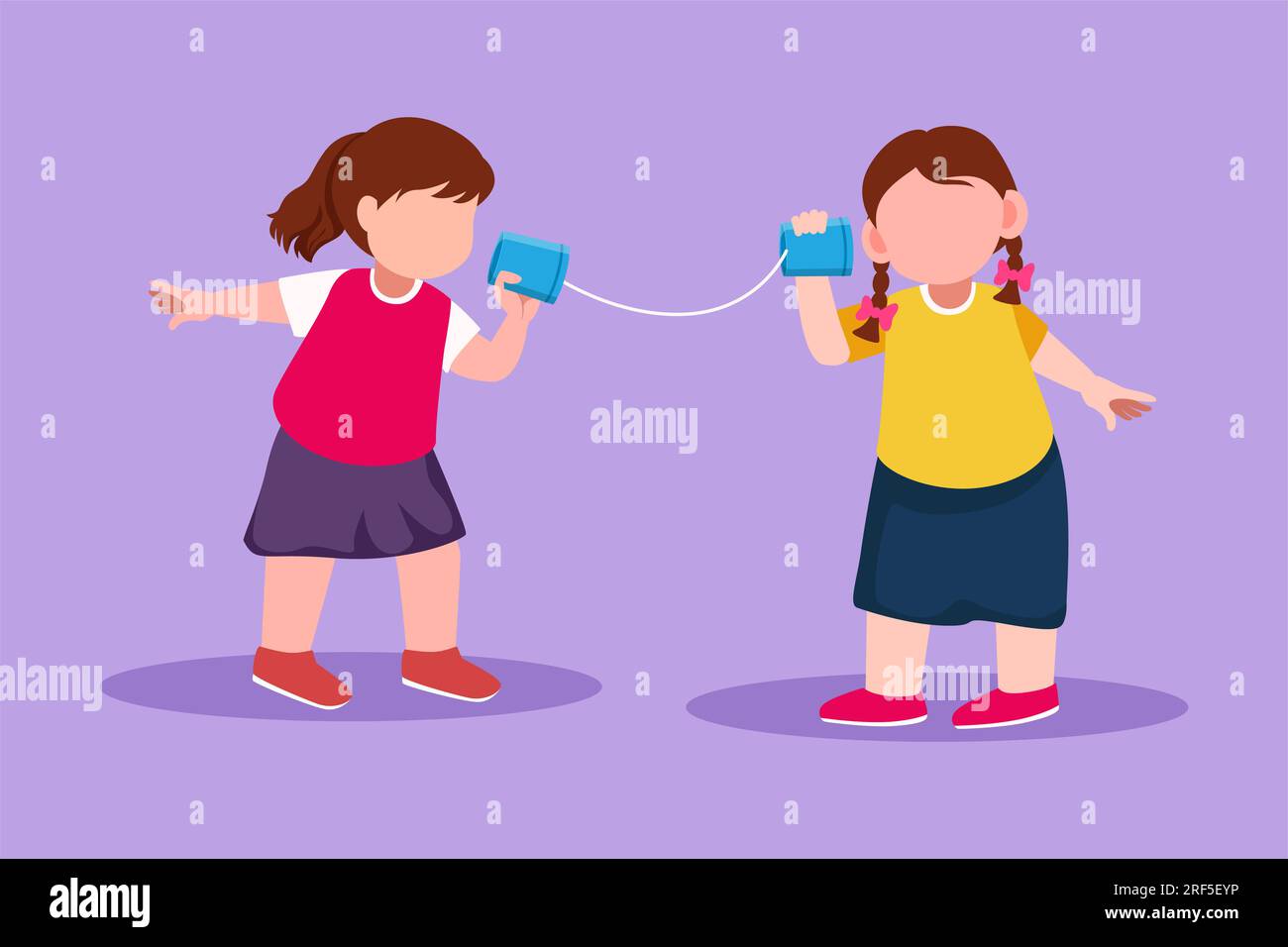Graphic flat design drawing little girls speaking by tin can telephone ...