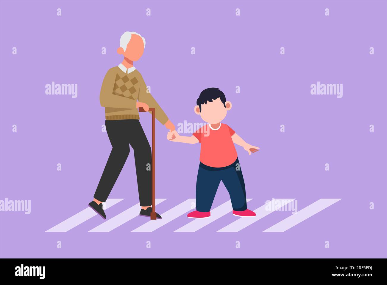 Cartoon flat style drawing happy little boy helps grandfather cross ...