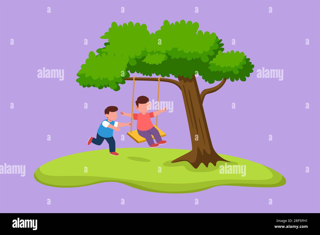 Cartoon flat style drawing of happy two little boys playing on tree ...