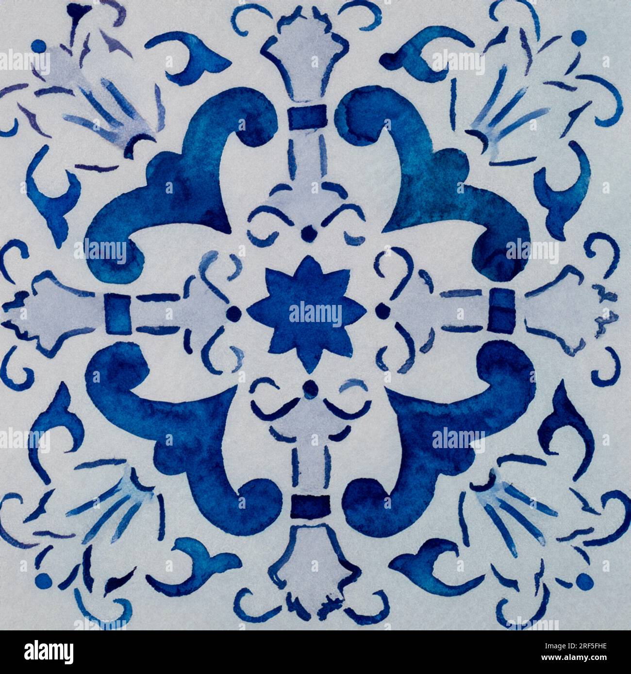 Watercolor illustration of portuguese ceramic tiles pattern. Single ...