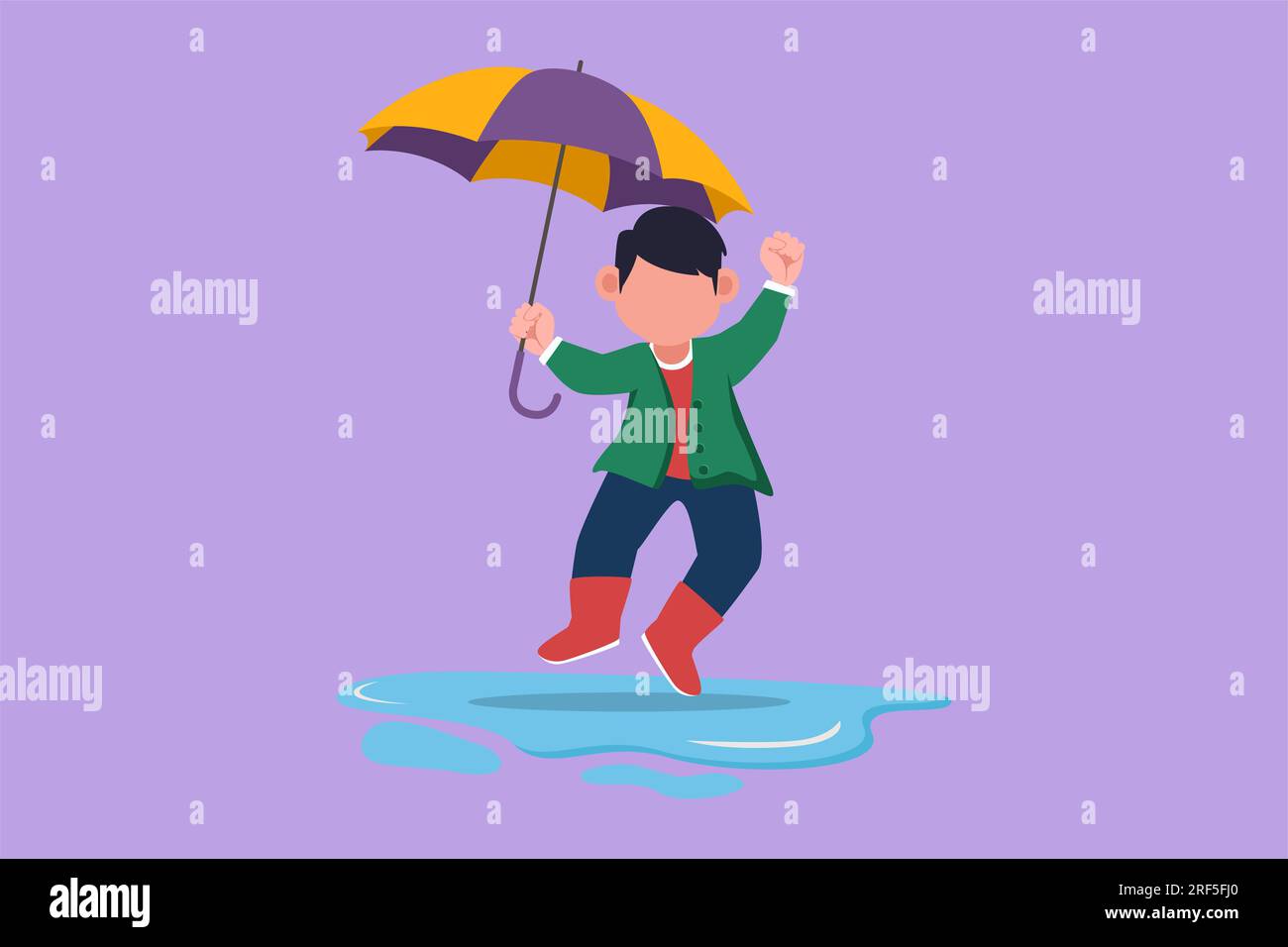 Cartoon flat style drawing cute little boy play wear raincoat and ... Cartoon flat style drawing cute little boy play wear raincoat and ...
