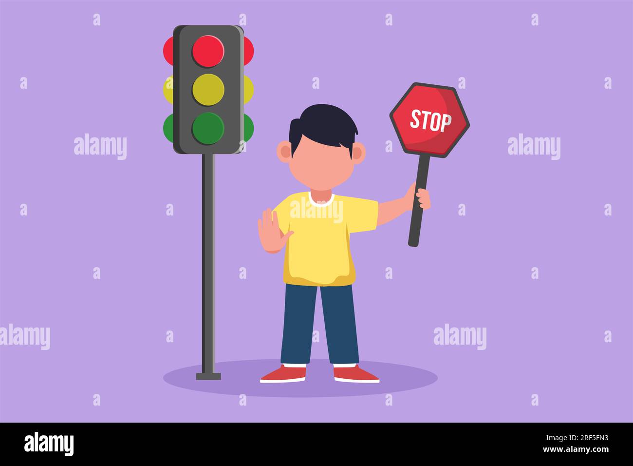 Character flat drawing adorable little boy holding stop sign in arm ...