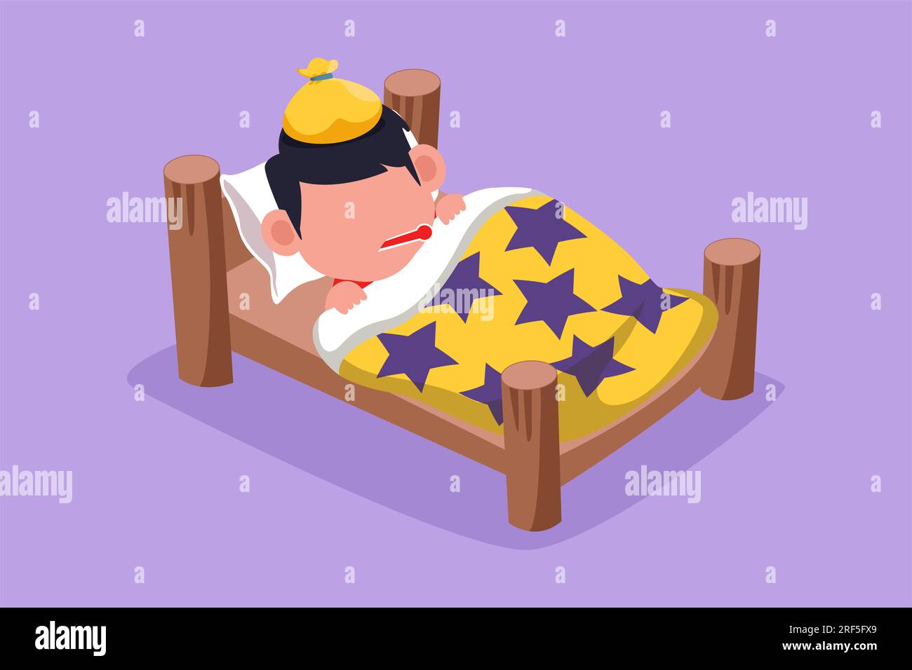 Graphic flat design drawing sick little boy with high fever. Child is ...