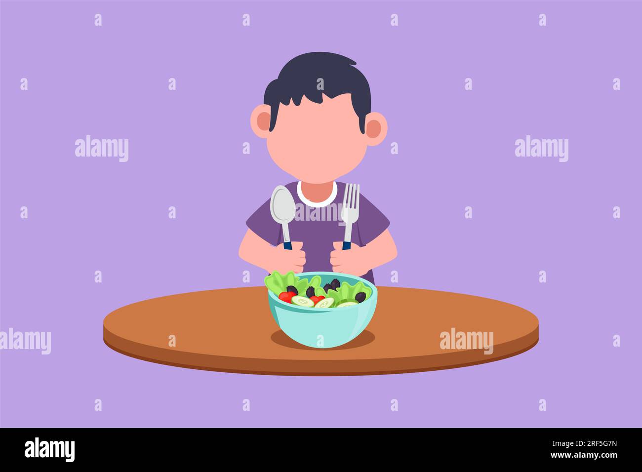 Graphic flat design drawing happy little boy eating fresh vegetable ...