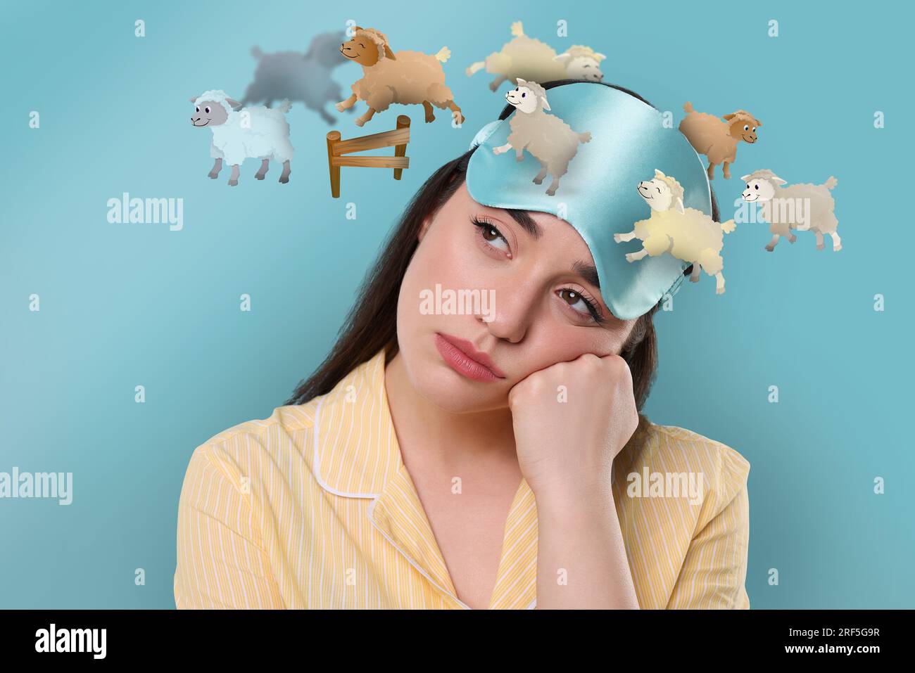 Insomnia. Tired woman with blindfold trying to fall asleep on light ...