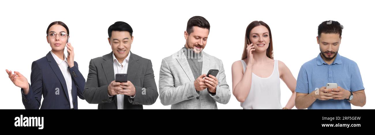 Collage with photo of people using mobile phones on white background ...