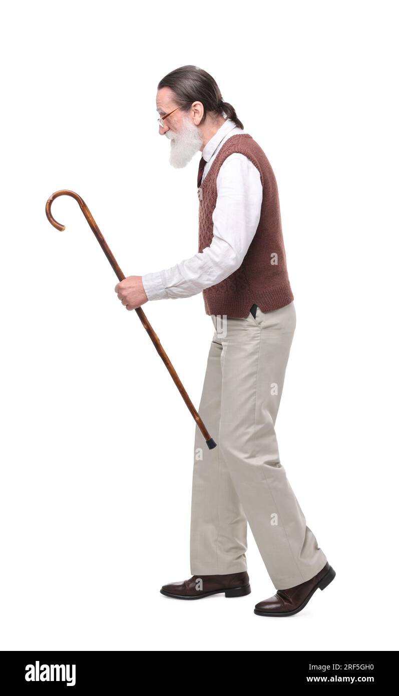 Senior man with walking cane on white background Stock Photo - Alamy