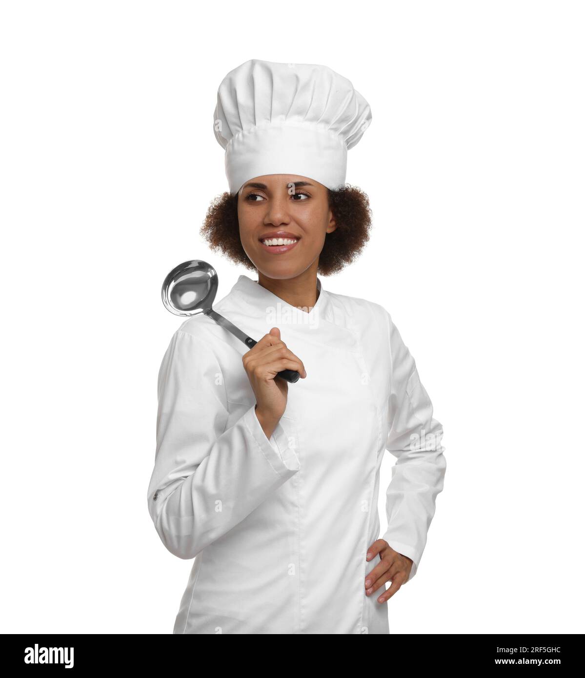Happy female chef in uniform holding ladle on white background Stock ...