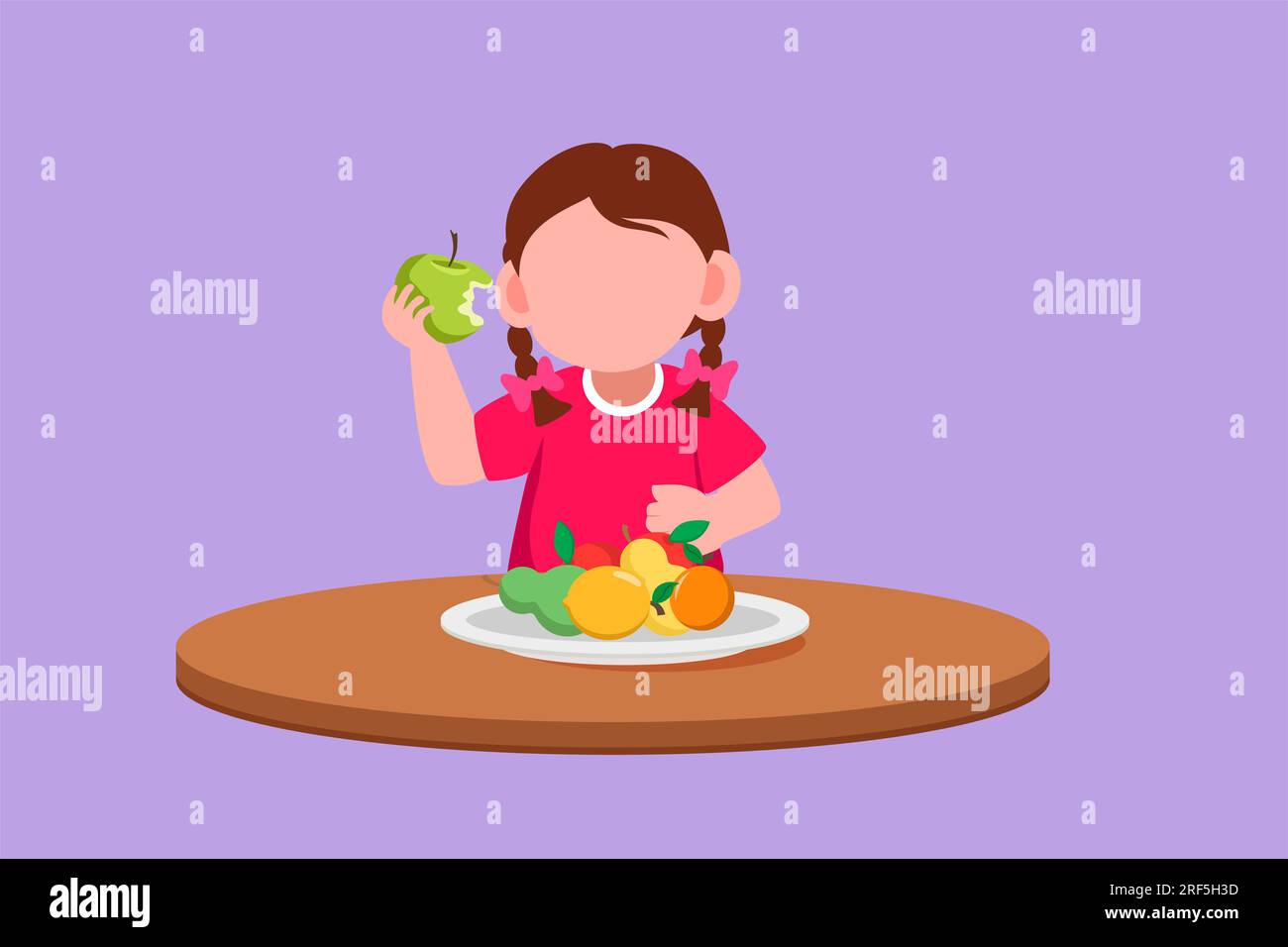 Character flat drawing pretty little girl eating fruit. Sitting near ...