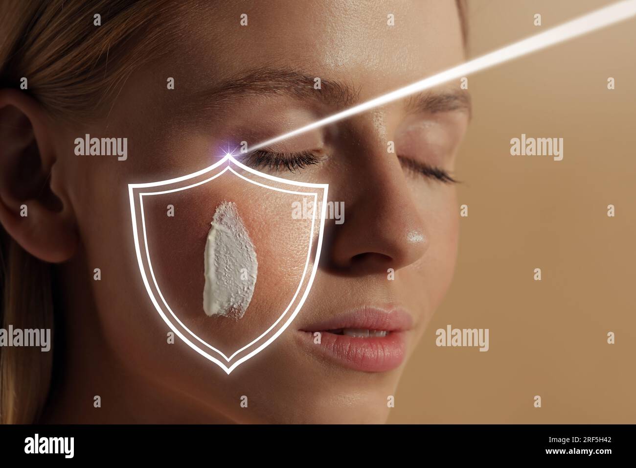 Sun protection care. Beautiful woman with sunscreen on face against ...