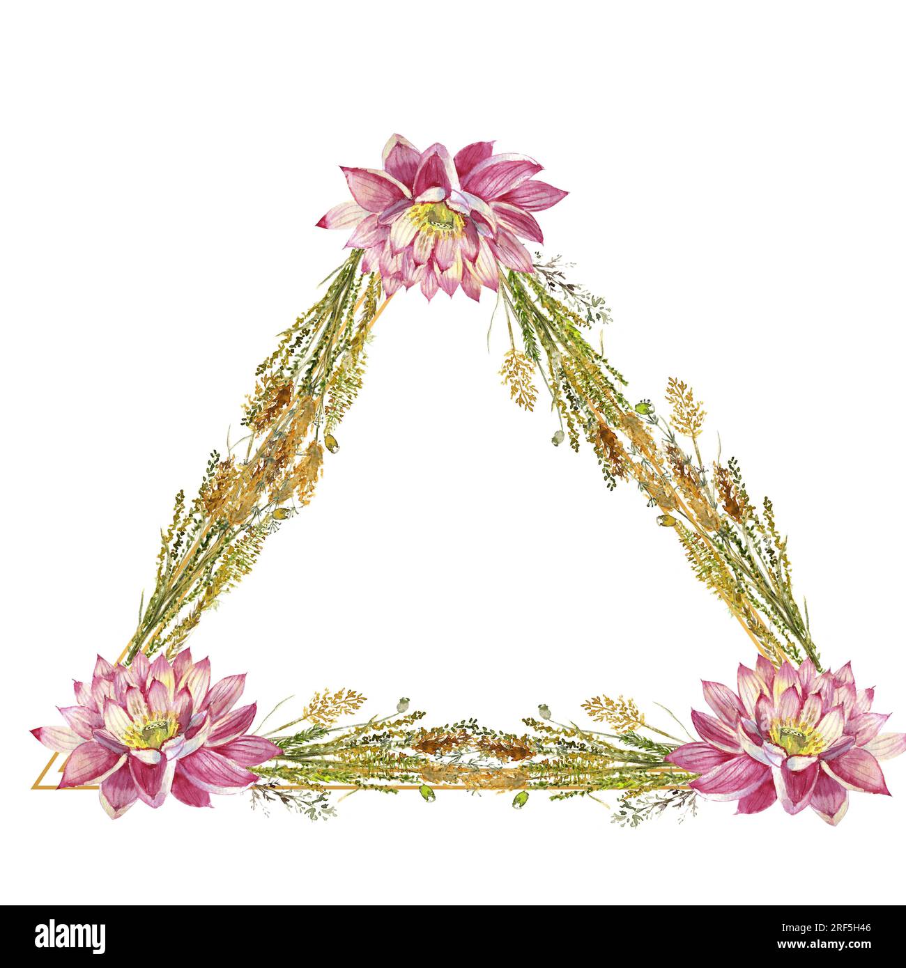 A triangular frame with flowers of water lilies and wild forest grasses ...