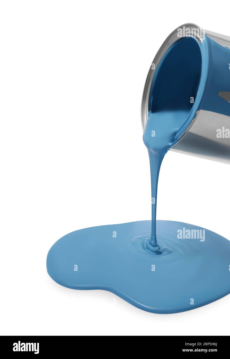 Pouring light blue paint from can on white background, closeup Stock ...