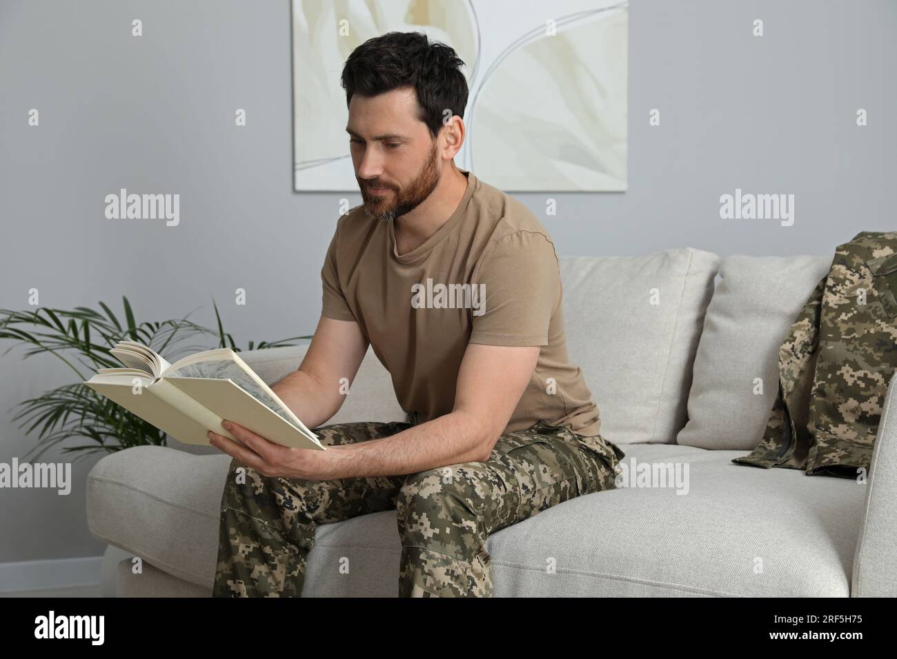 Soldier reading book on soft sofa in living room. Military service ...