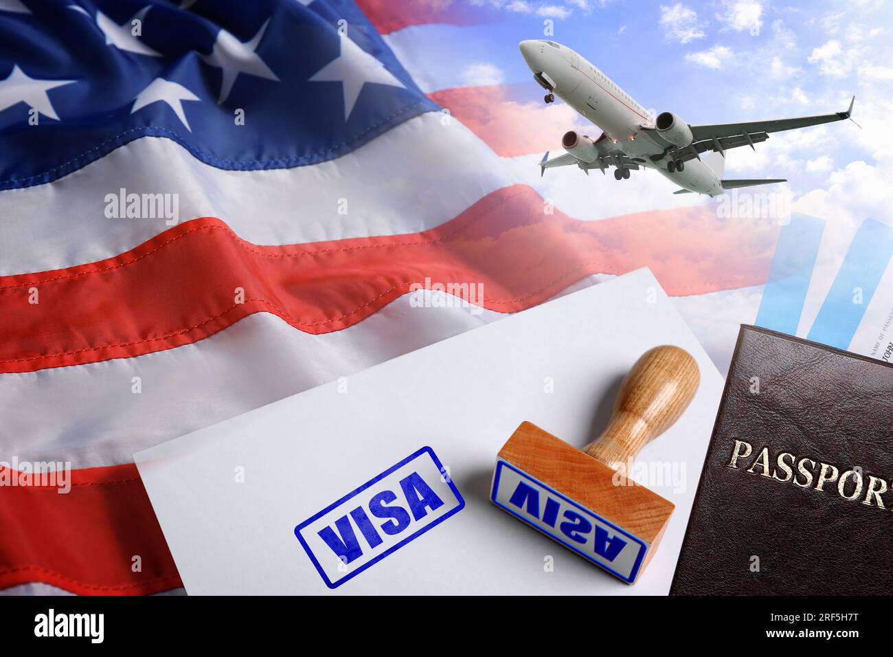 Getting visa. Double exposure of airplane in sky and USA flag Stock ...
