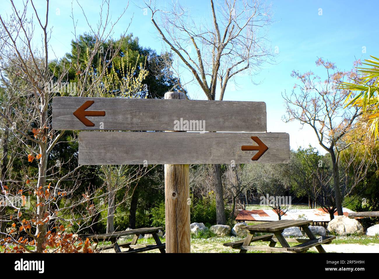 Blank wooden signpost with arrows in recreational area Stock Photo - Alamy