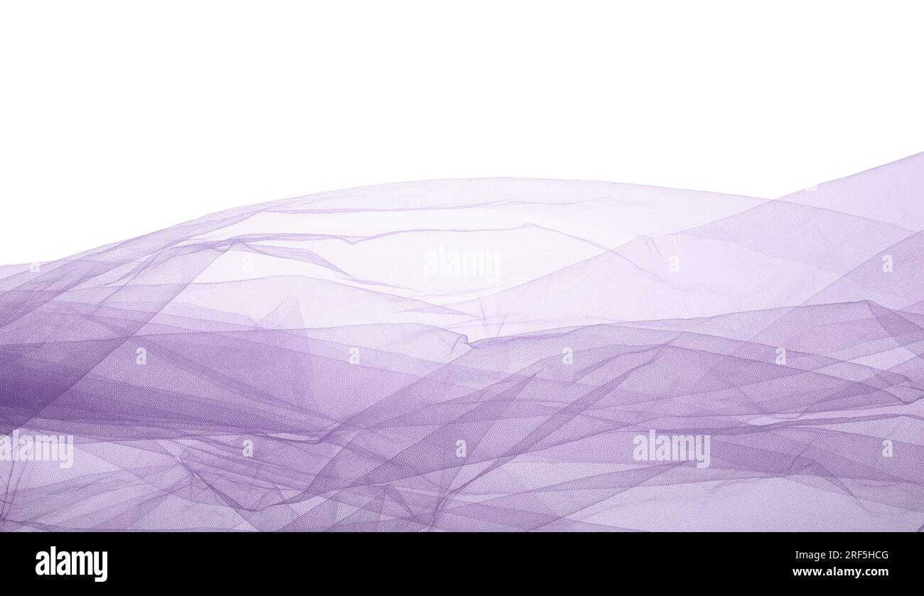 Beautiful purple tulle fabric on white background, top view. Space for ...