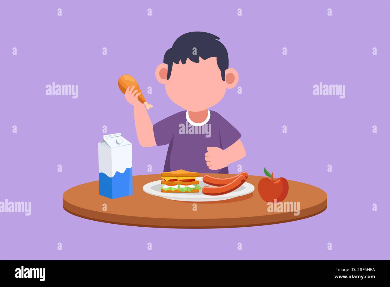 Graphic flat design drawing adorable little boy eating healthy morning ...