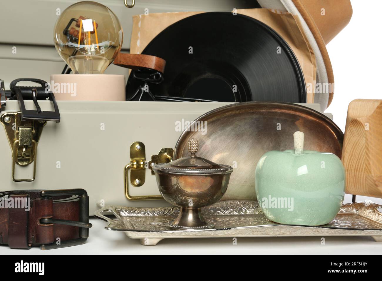 Many different stuff on white background. Garage sale Stock Photo - Alamy