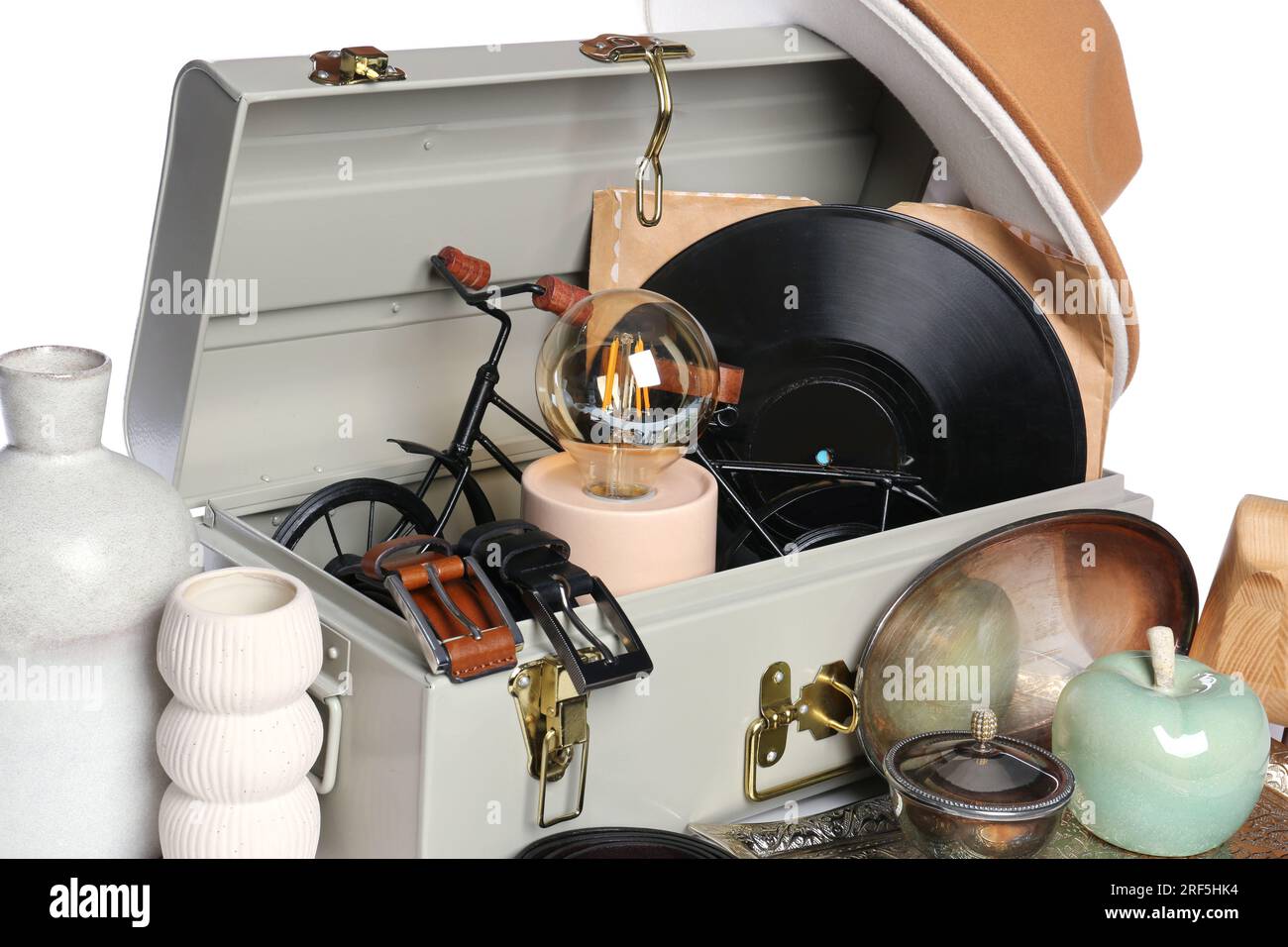 Many different stuff on white background. Garage sale Stock Photo - Alamy