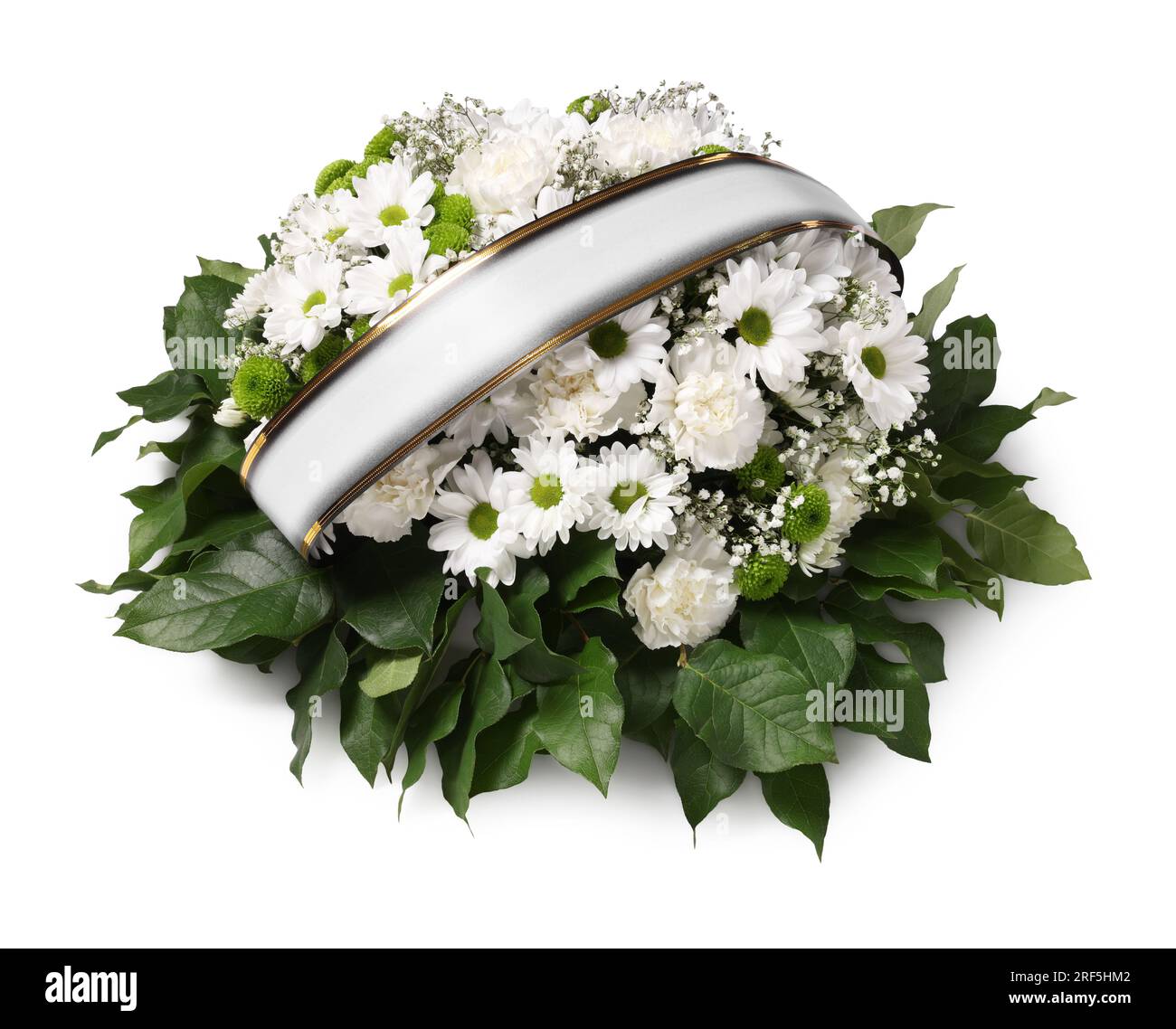 Funeral wreath of flowers with ribbon on white background Stock Photo ...