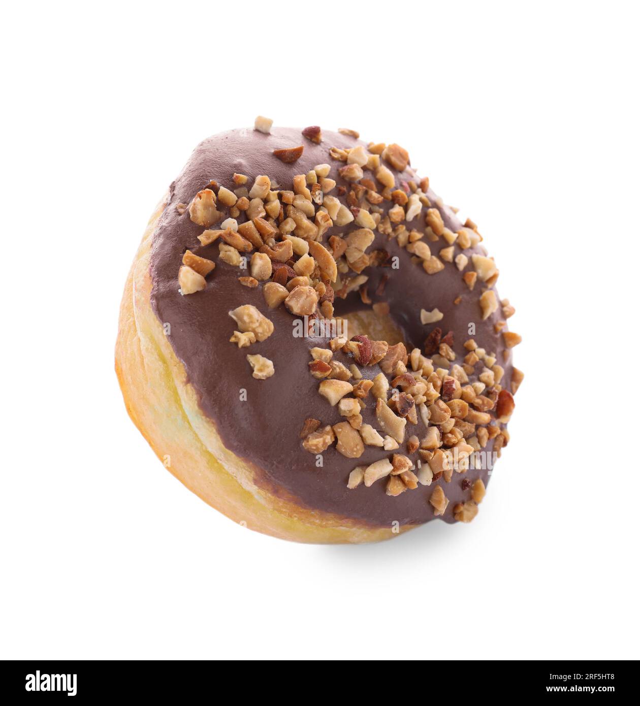 Tasty glazed donut decorated with nuts on white background Stock Photo ...