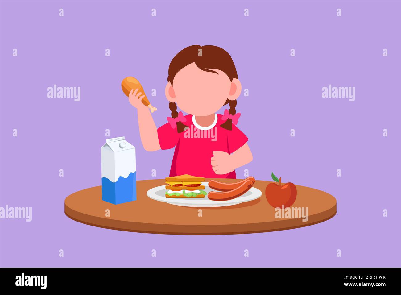 Cartoon flat style drawing pretty little girl eating healthy morning ...