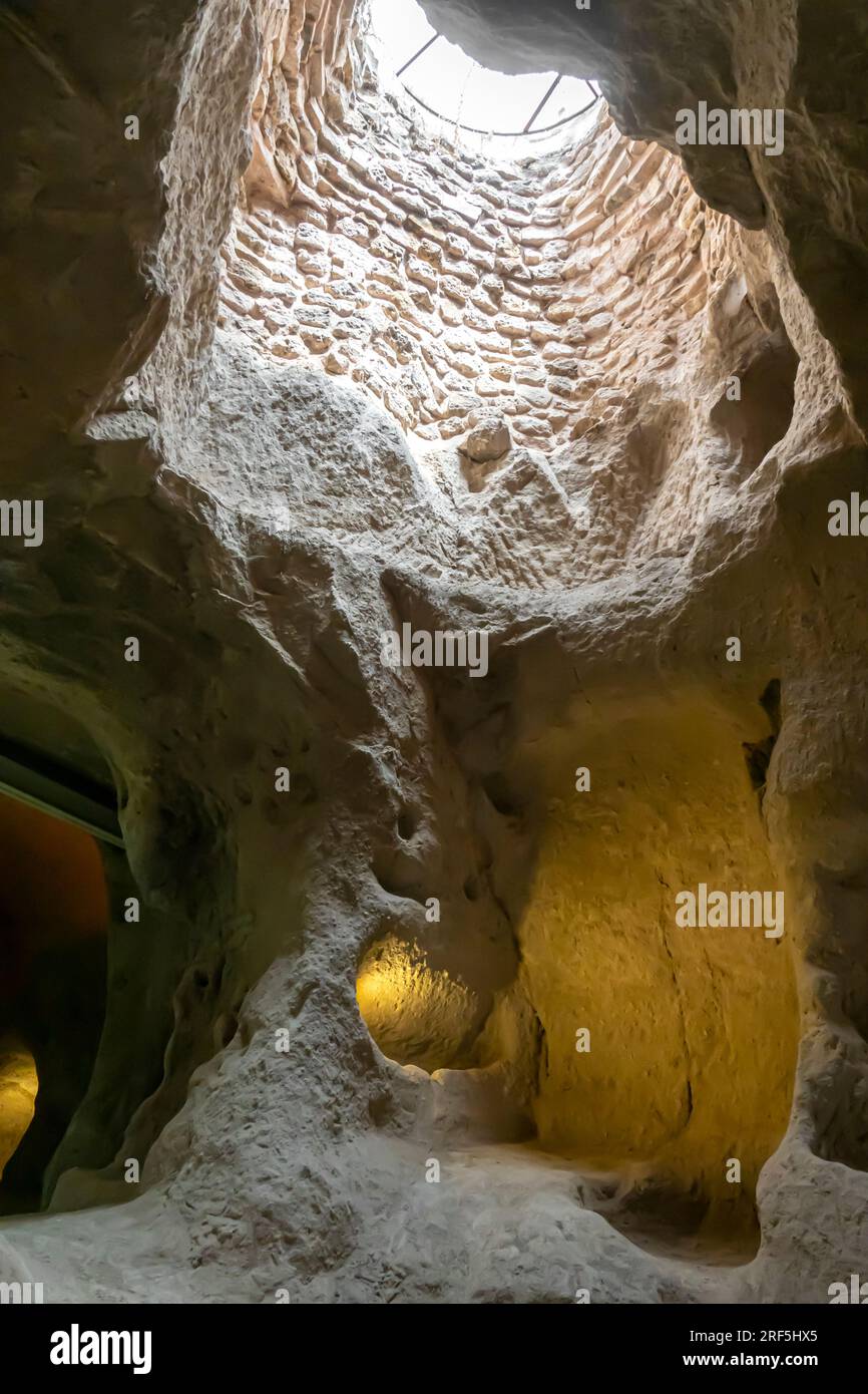 Looking up from the cave to the upper entrance shaft in Derinkuyu ...