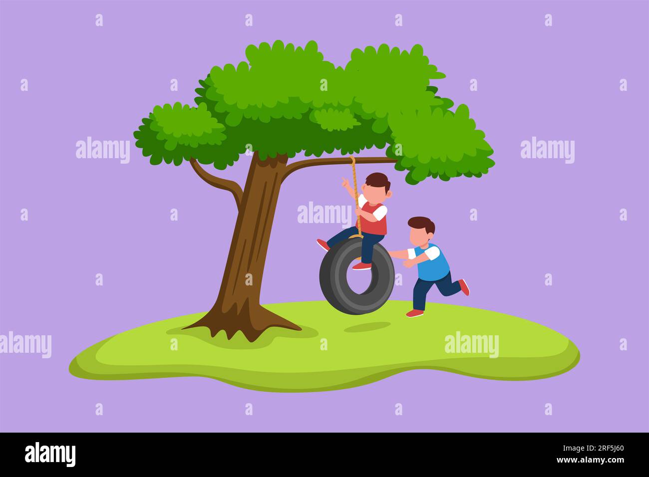 Cartoon flat style drawing of happy two little boys playing tire swing ...