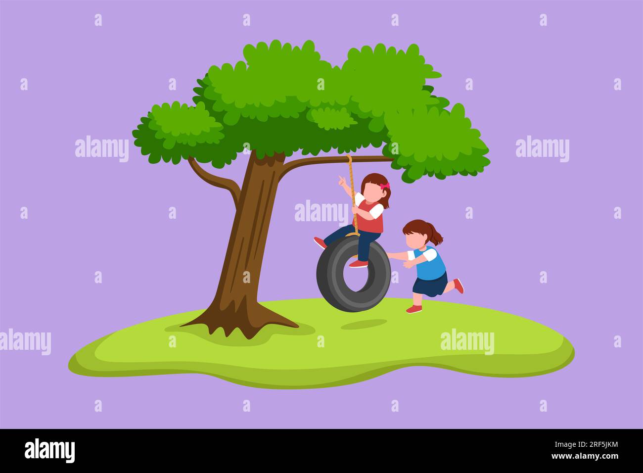 Graphic flat design drawing happy two little girls playing tire swing ...