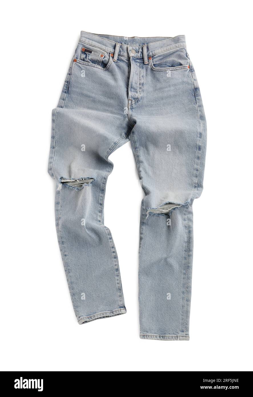 Rumpled light blue jeans isolated on white, top view. Stylish clothes ...