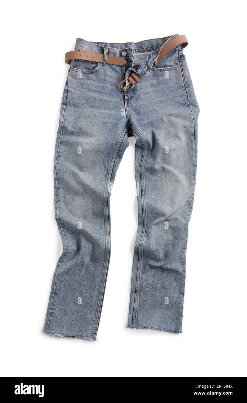 Rumpled light blue jeans with belt isolated on white, top view. Stylish ...