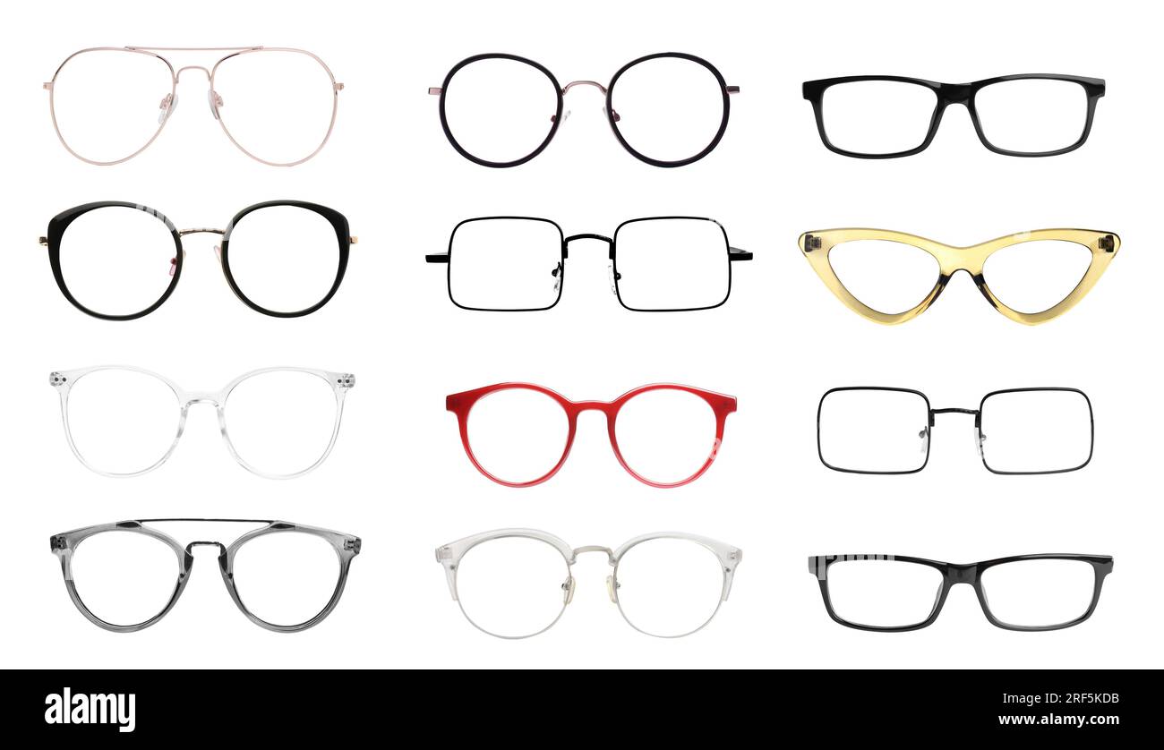 Set with different eyeglasses isolated on white Stock Photo - Alamy