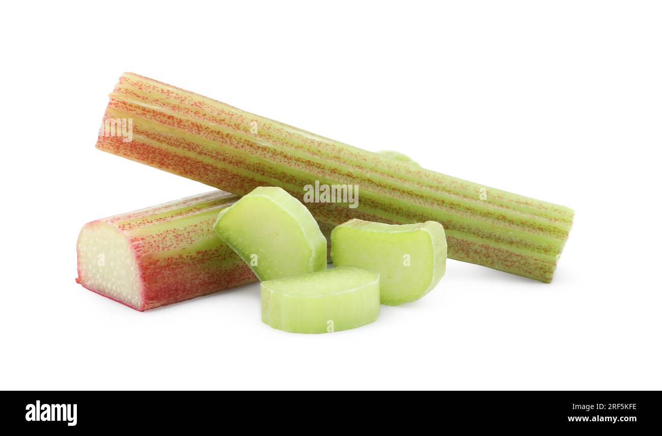 Cut fresh ripe rhubarb on white background Stock Photo - Alamy