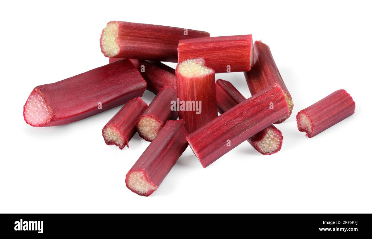 Cut fresh rhubarb stalks isolated on white Stock Photo - Alamy