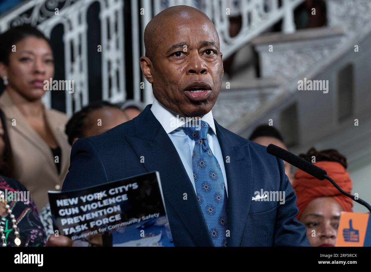 Mayor Eric Adams speaks during public safety announcement on gun ...