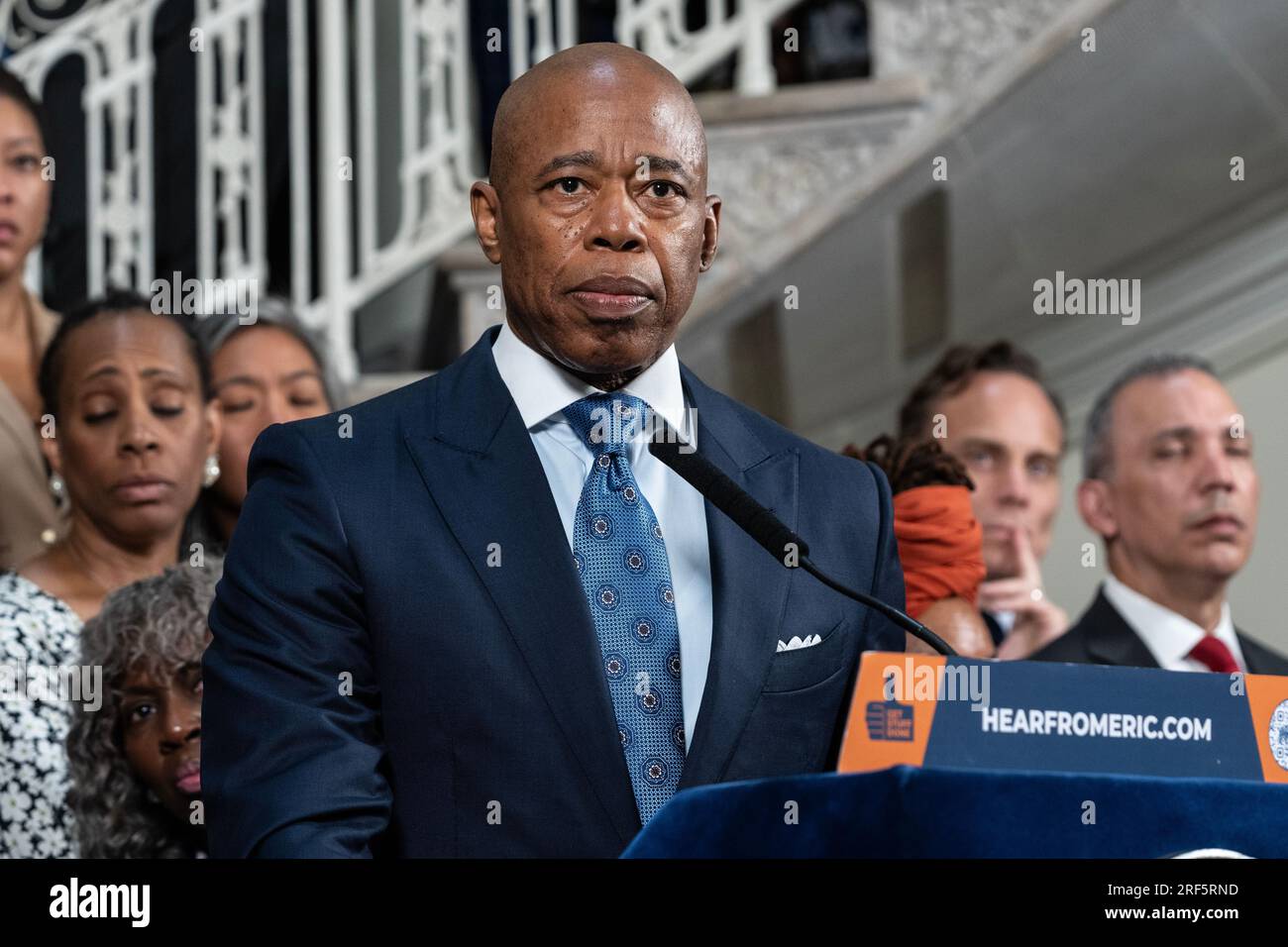 Mayor Eric Adams speaks during public safety announcement on gun ...