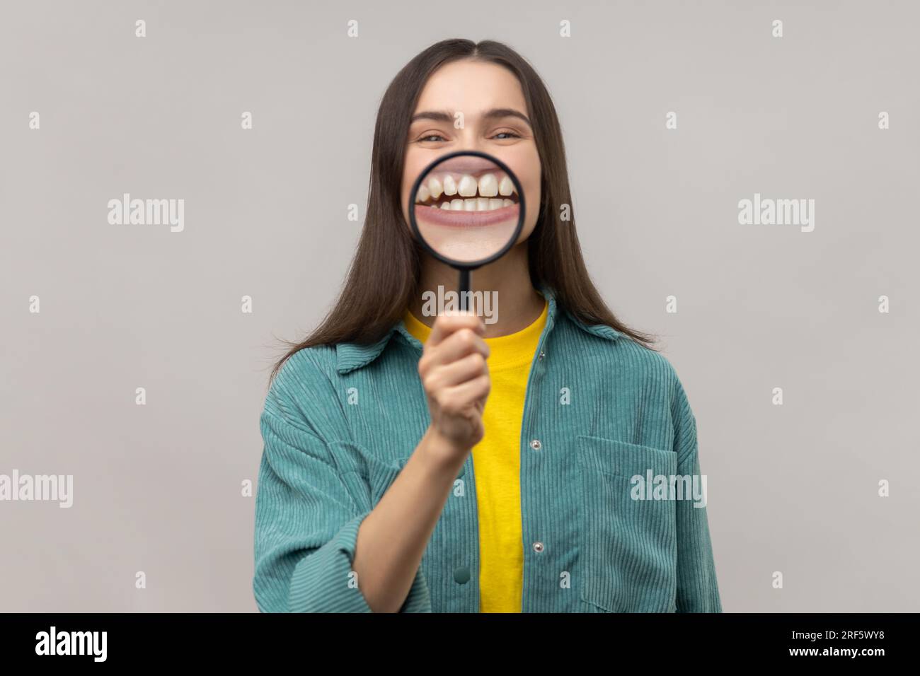 Smile zoom, tooth care concept. Portrait of optimistic funny woman ...