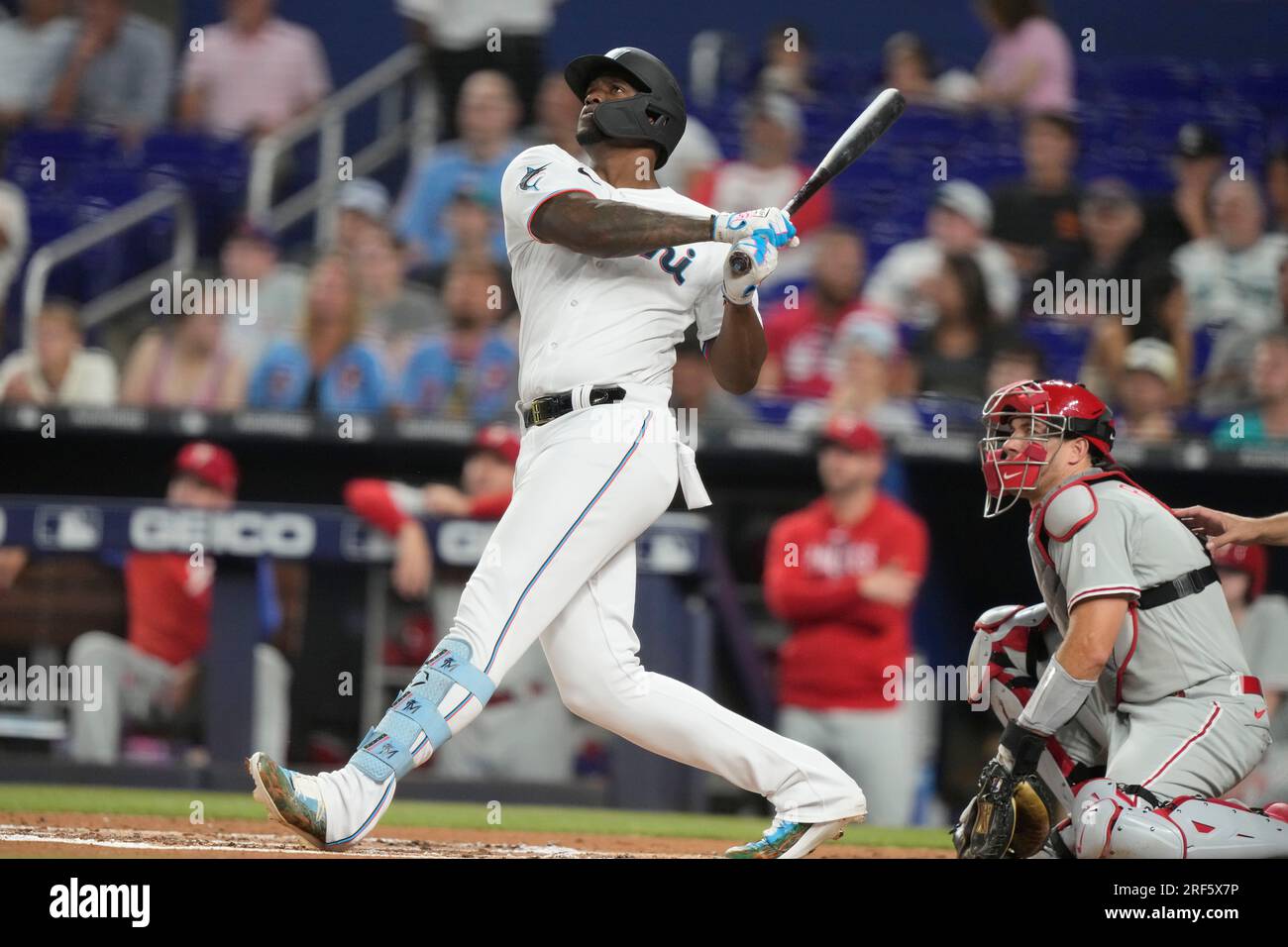 Miami Marlins' Jorge Soler, left, hits a two-run home run during the ...