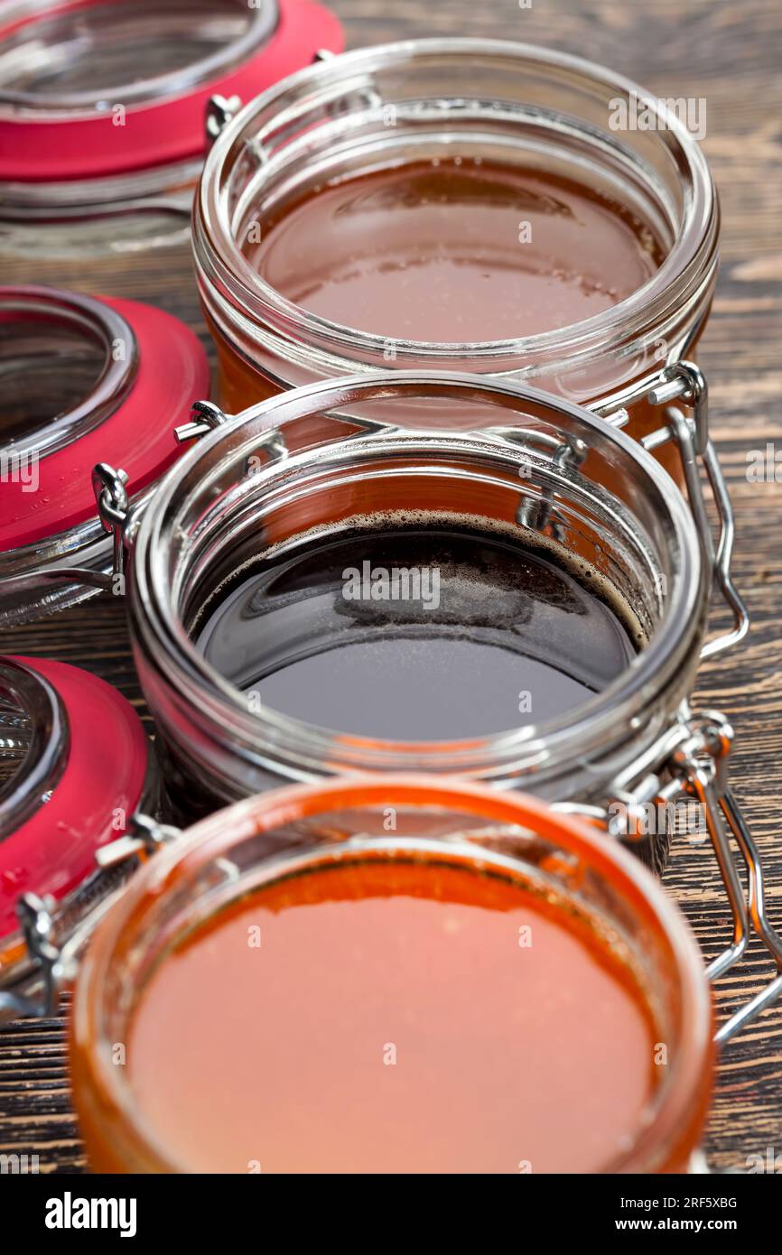 several varieties of flower honey from different varieties of flowers ...