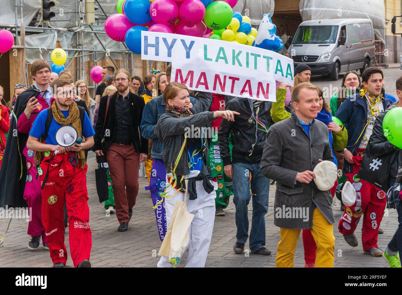 Young people celebrating the May eveat Kauppatori in Helsinki Finland ...