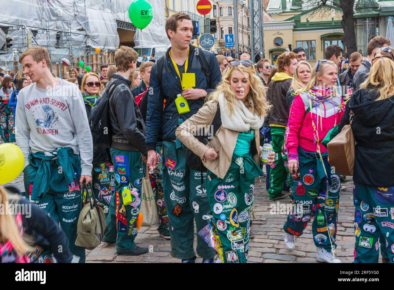 Young people celebrating the May eveat Kauppatori in Helsinki Finland ...
