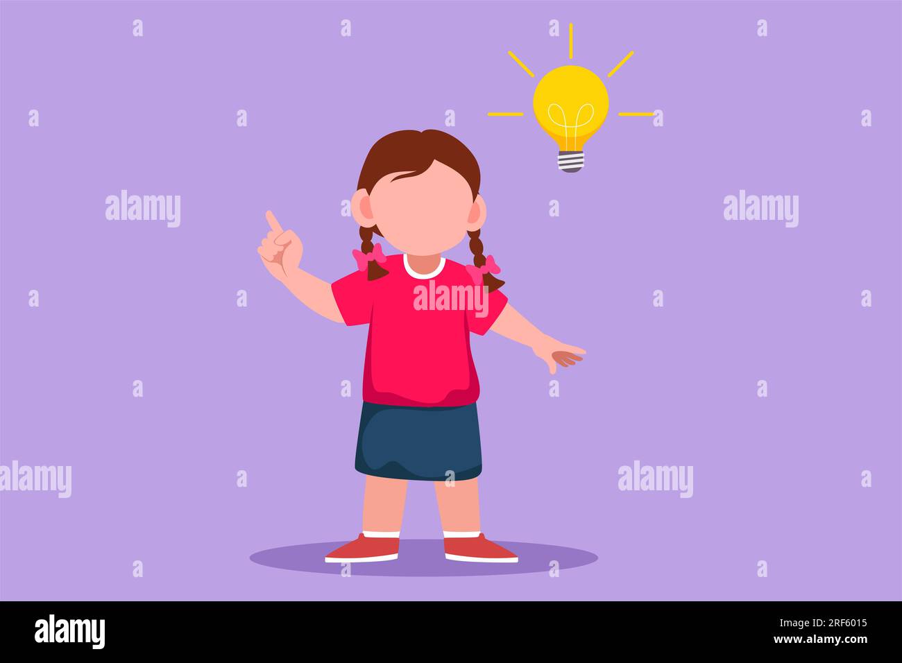 Graphic flat design drawing of smart little girl thinking something. Kids think creative idea ...