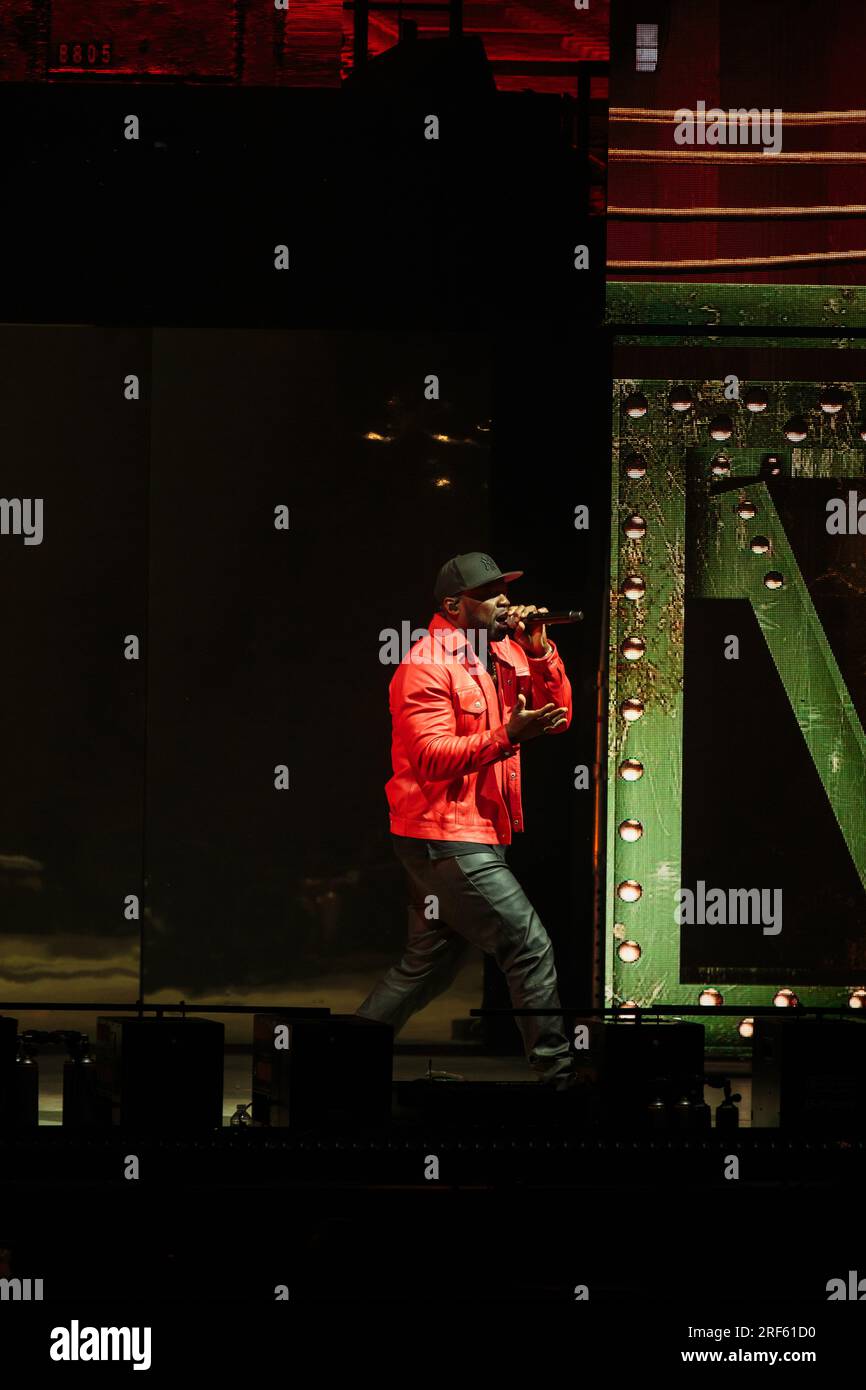 Toronto, Canada. 31st July, 2023. 50 Cent perfoms on stage wearing a ...