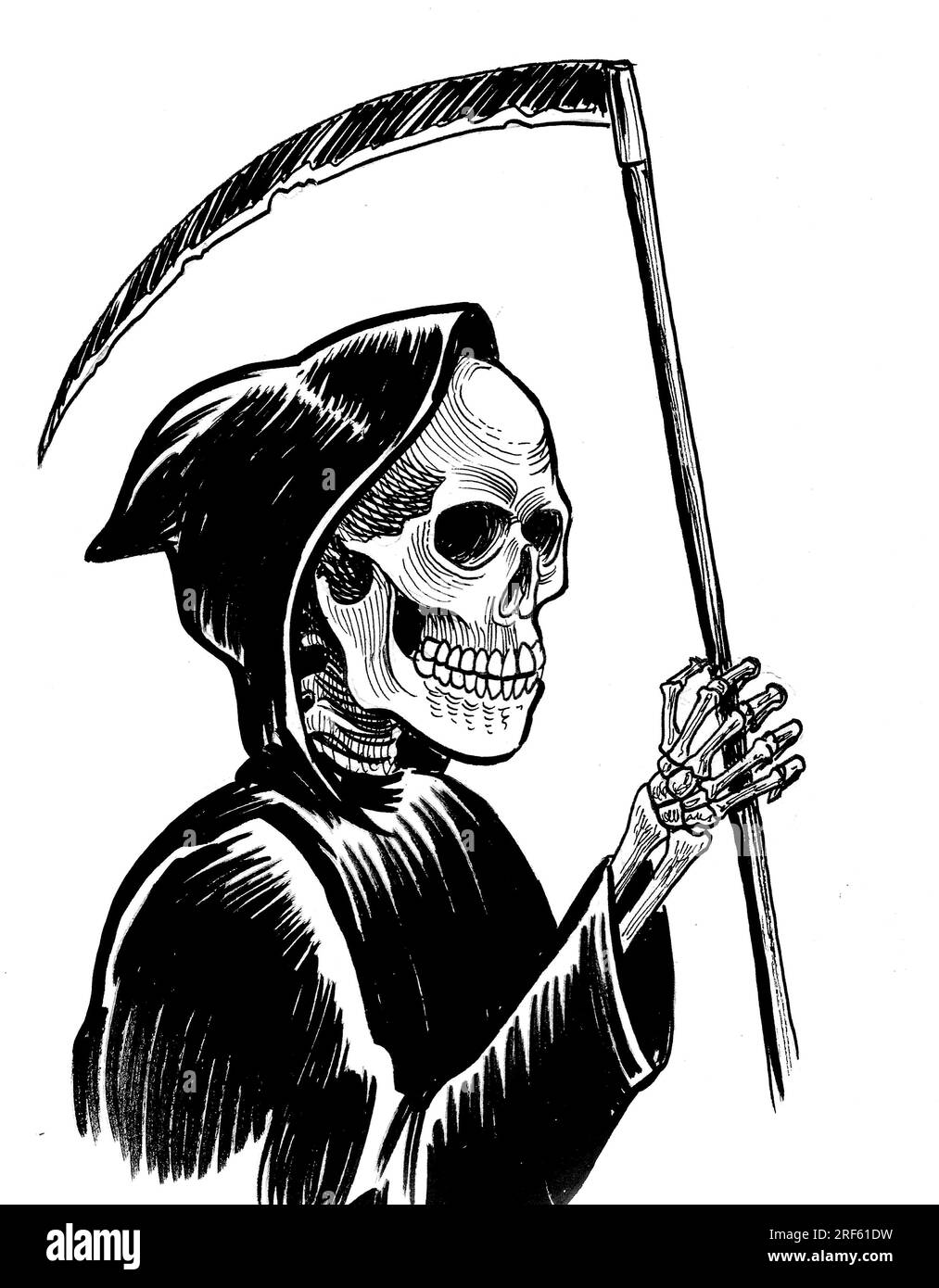 Death skeleton in hoodie. Ink black and white drawing Stock Photo - Alamy