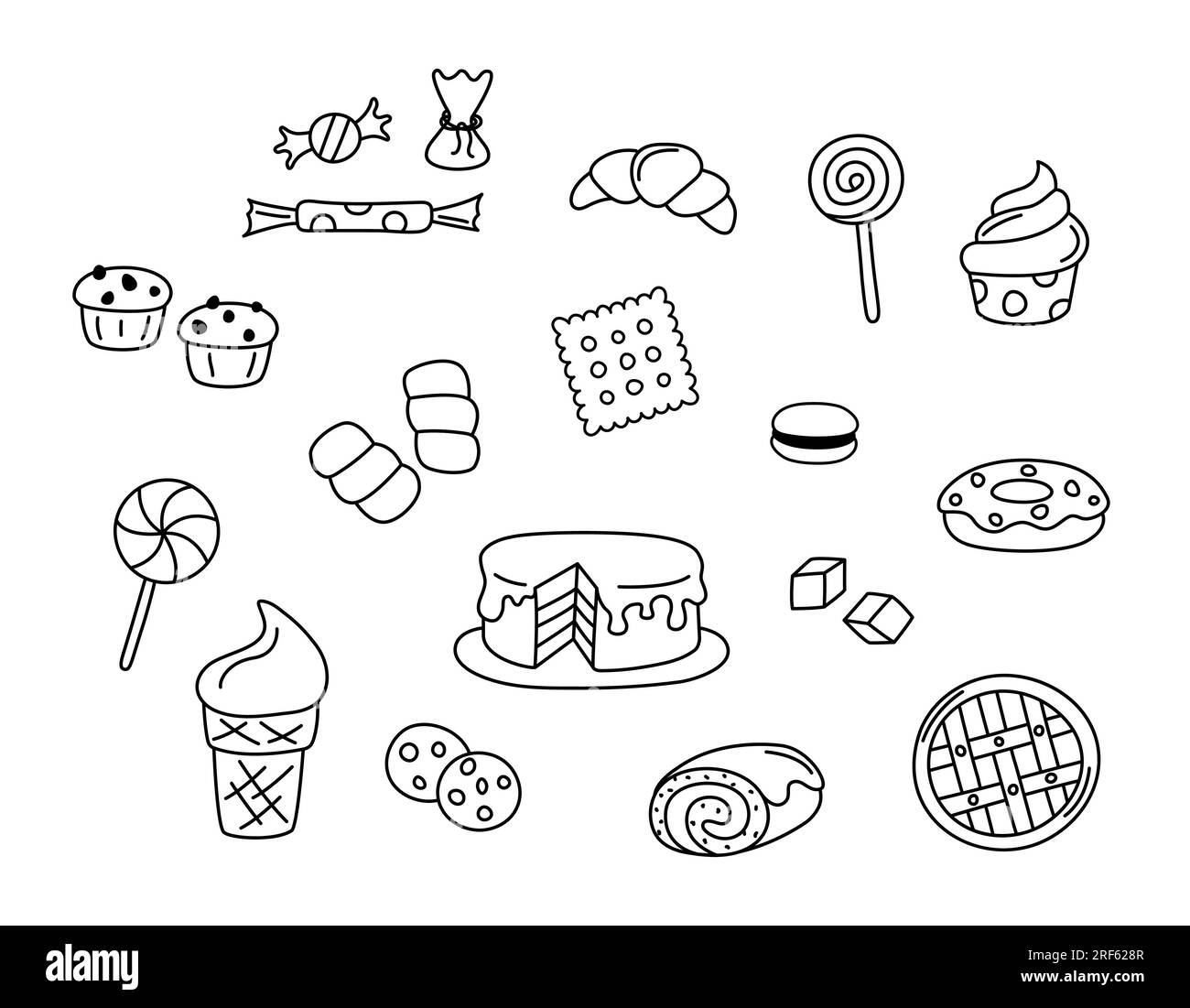 Desserts vector doodles. Sweet food elements isolated black on white background. Hand drawn ...