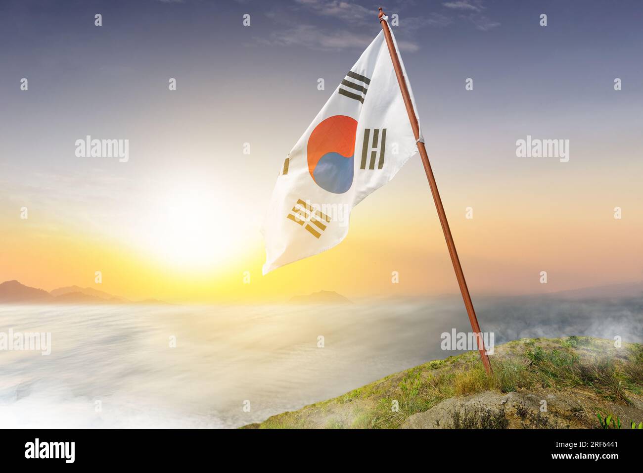Korean flag waving in the sky. National Liberation Day of Korea concept ...