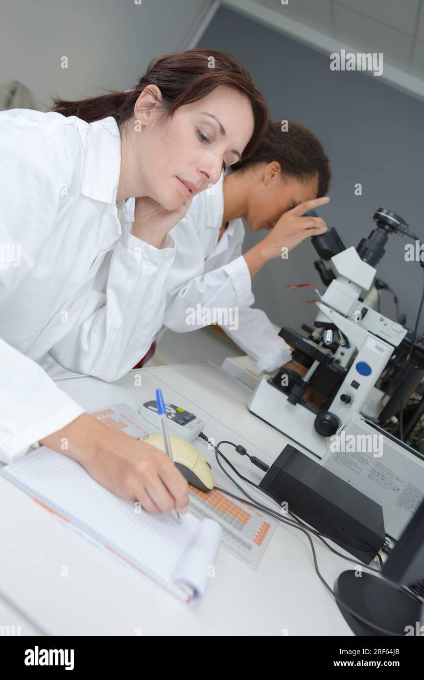 scientists working with microscope and taking notes in laboratory Stock ...