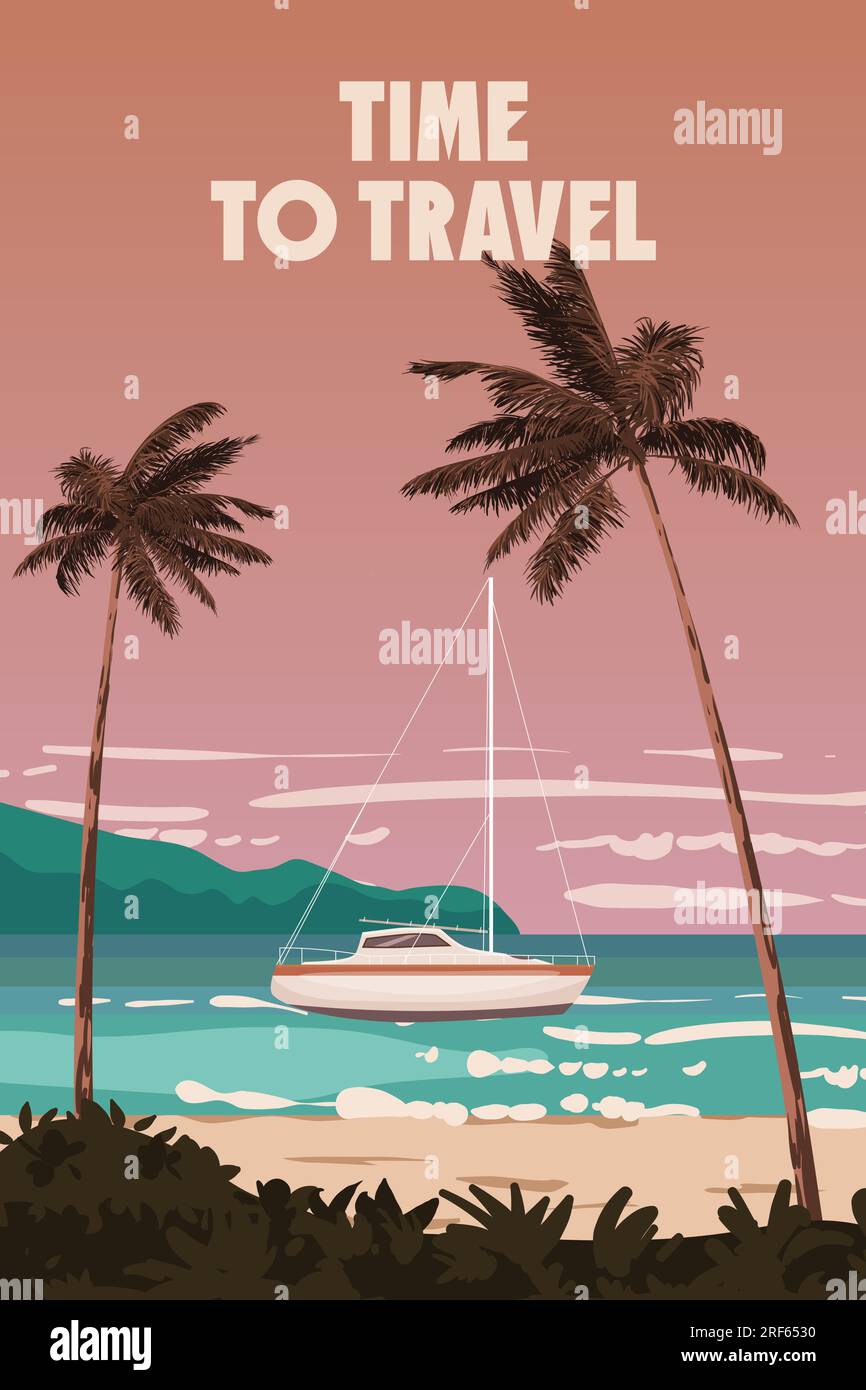 Tropical island nature seachore, sailboat, palms, sea, ocean Stock ...